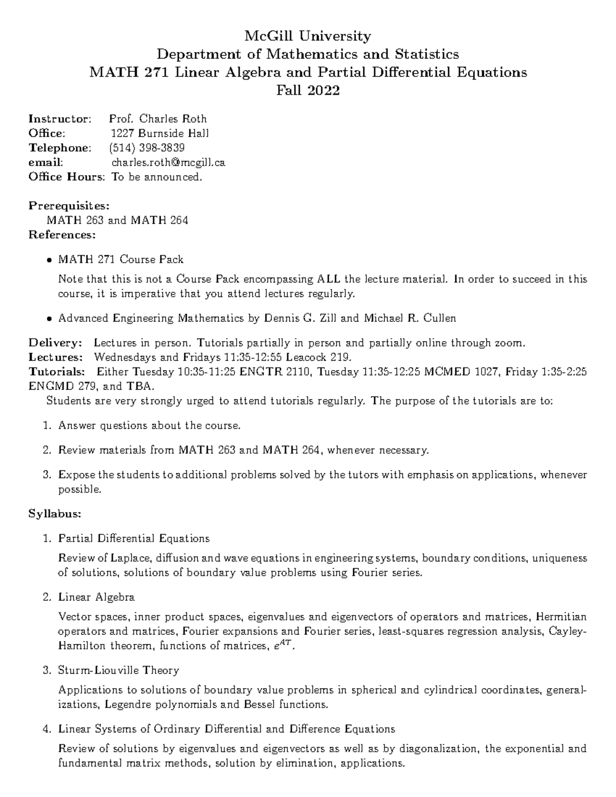 MATH 271 - Course Outline for Linear Algebra & PDEs, Fall 2022 - Studocu