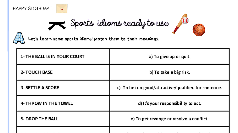 Sports Idioms - 15th Oct - Happy Sloths Club Activities - Studocu
