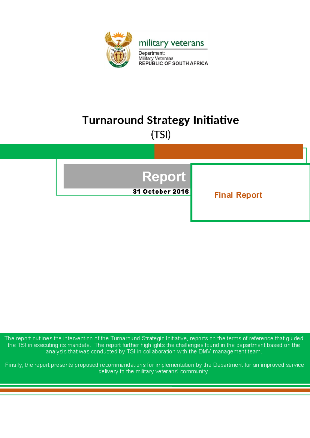 Final TSI Report: Turnaround Strategy Initiative for DMV (Nov 2016 ...