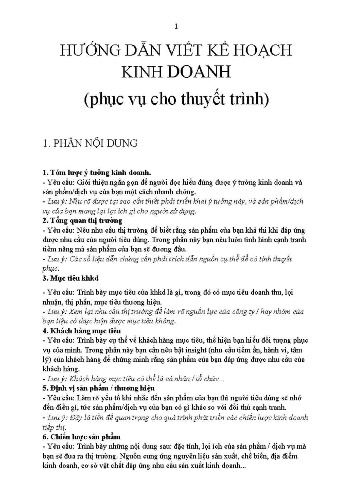 HƯỚNG DẪN THUYẾT Trình KHKD - 1 HƯỚNG DẪN VIẾT KẾ HOẠCH KINH DOANH ...