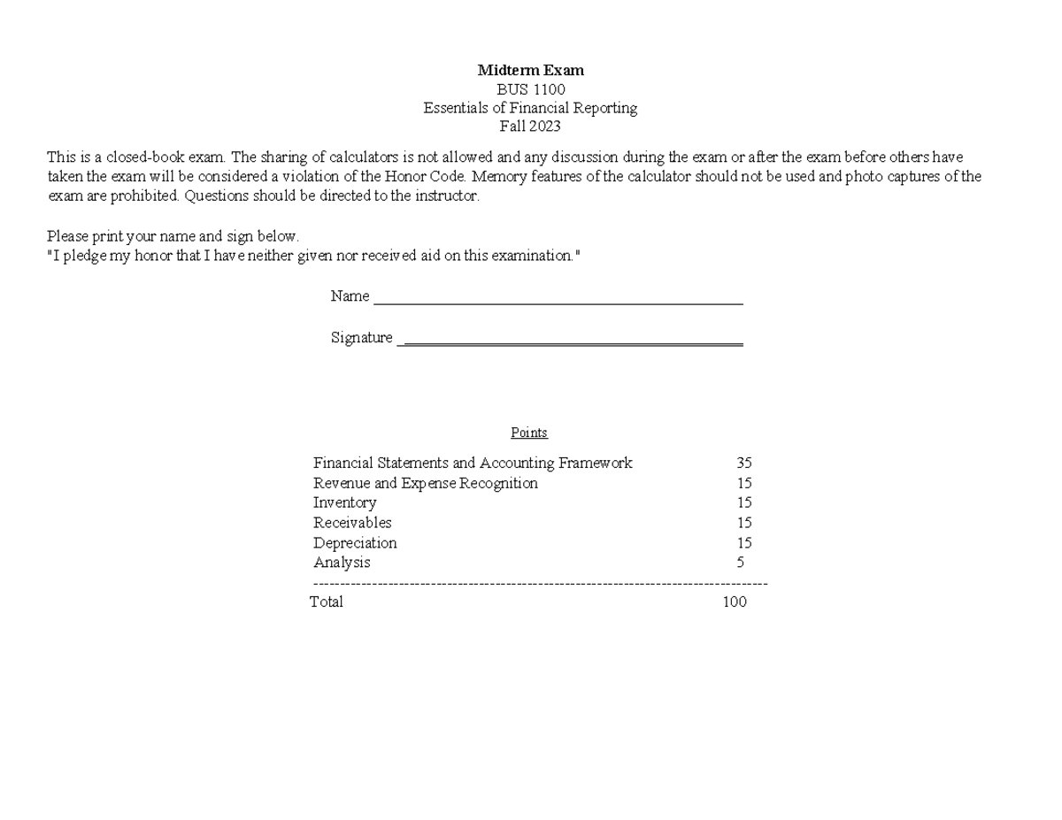 BUS 1100 Midterm Exam Guide - Fall 2023 Essentials of Financial Reporting - Studocu
