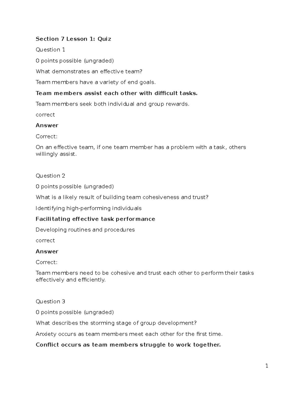 Section 7 Lesson 1 Quiz - Team Effectiveness & Development - Studocu