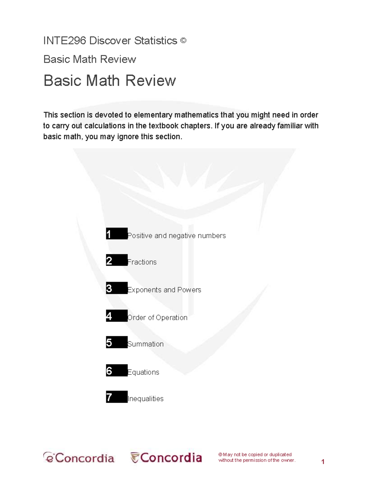 INTE296 Basic Math Review for Statistics and Calculations - Studocu