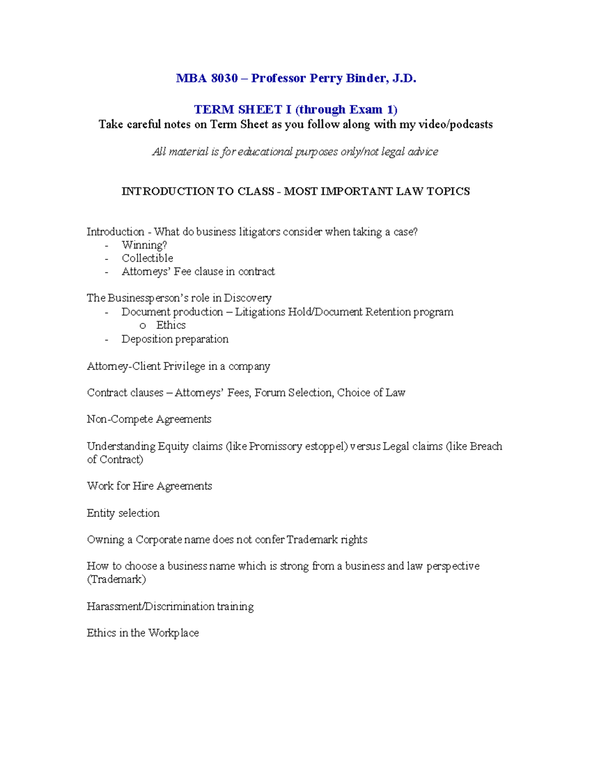 8030 Terms 2025 - notes - MBA 8030 – Professor Perry Binder, J. TERM ...