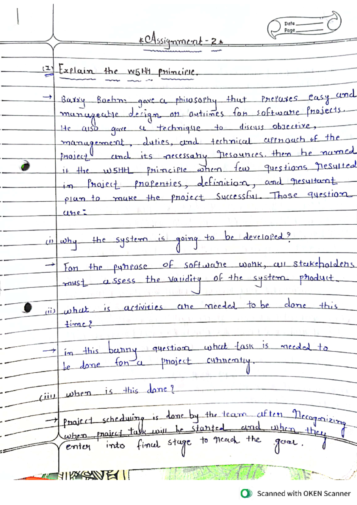 SE UNIT 3 - 4 - Nzndnx x. - Date Page Assignment (1) Explain the W5HH ...