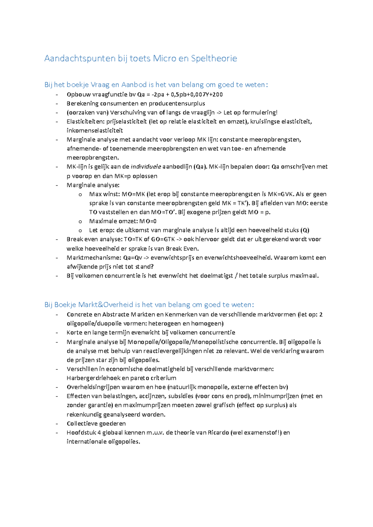 Aandachtspunten voor de Toets Micro en Speltheorie (TOE459) - Studeersnel