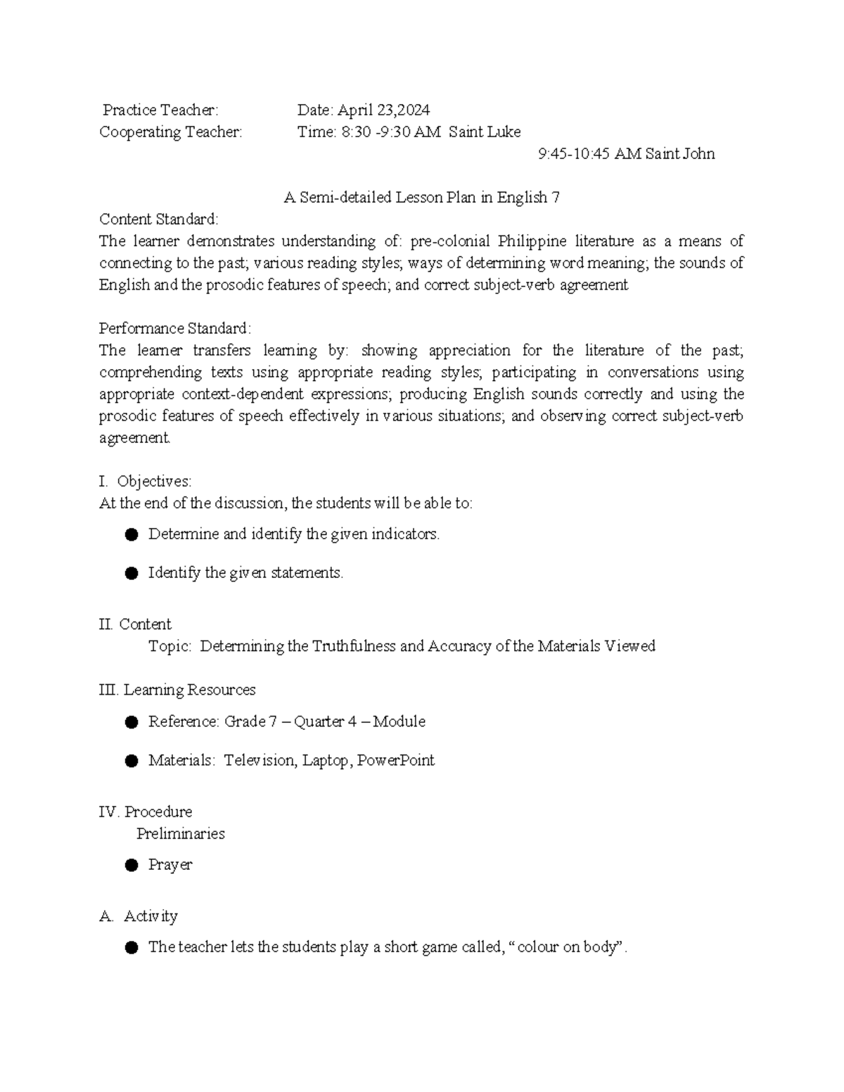 Lesson Plan: Truthfulness & Accuracy in Materials (Eng 7) - Studocu