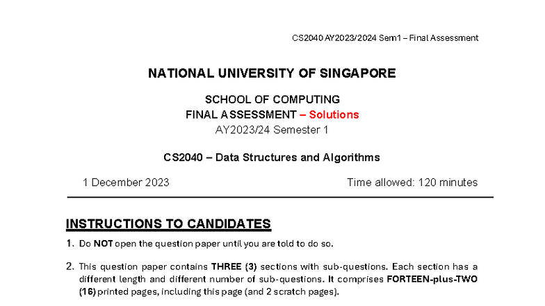 CS2040 Sem1 Final Assessment Solutions - Data Structures & Algorithms - Studocu