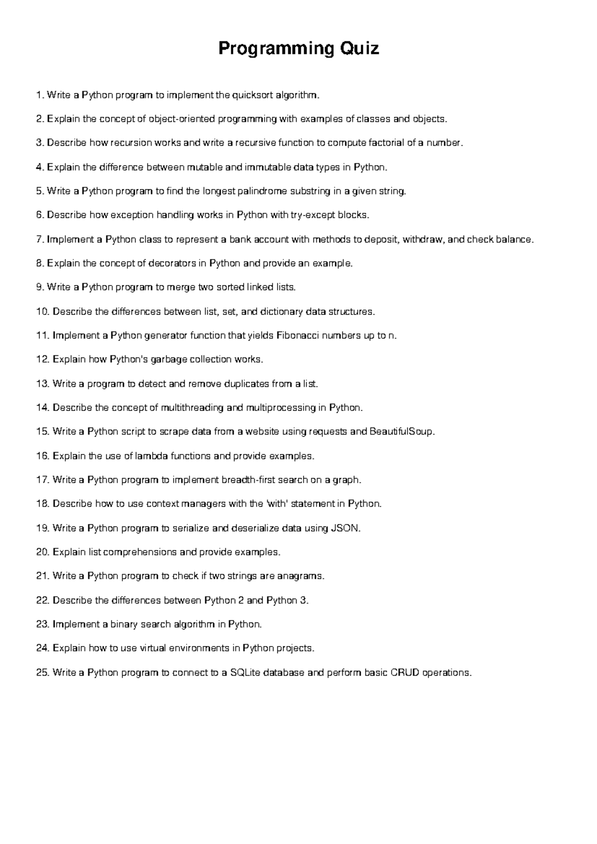 Programming Quiz 1: Key Python Concepts and Implementations - Studocu