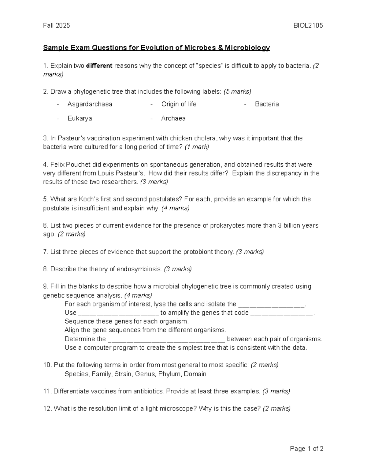 Fall BIOL2105 Sample Exam: Microbial Evolution Questions - Studocu