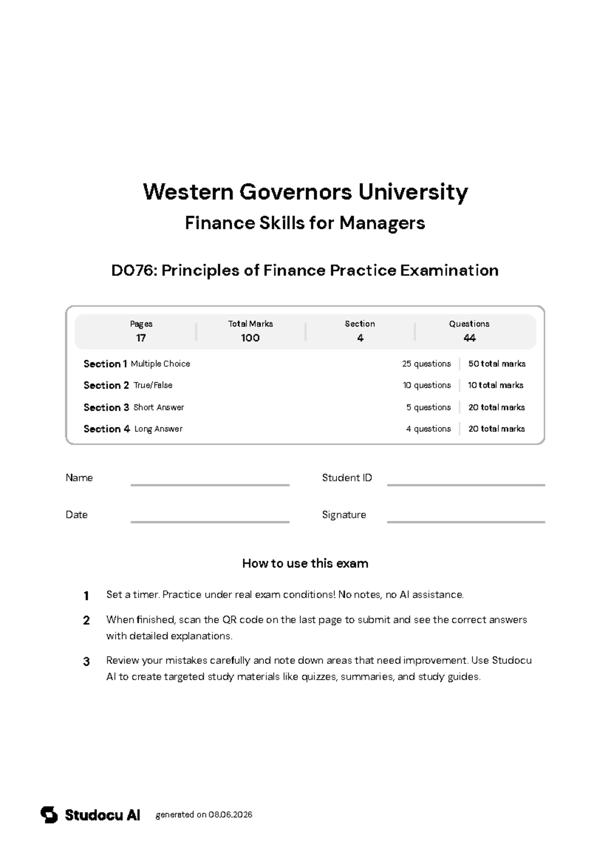 D076: Principles of Finance Practice Examination - Studocu