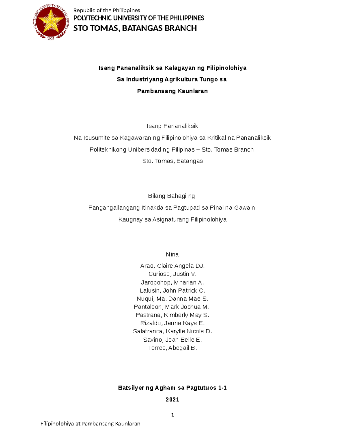 Filipinolohiya at Agrikultura: Pagsusuri sa Pagsasaka sa PUP-STO 2021 ...