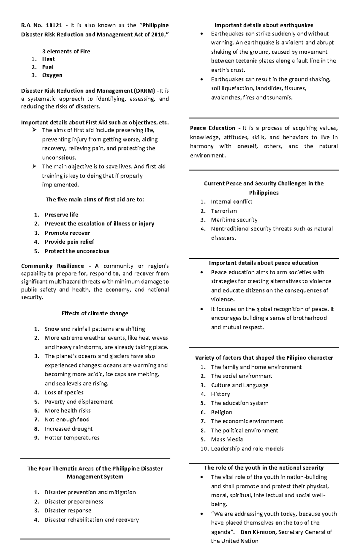 NSTP101 Final Exam Reviewer: Disaster Risk Management & First Aid - Studocu