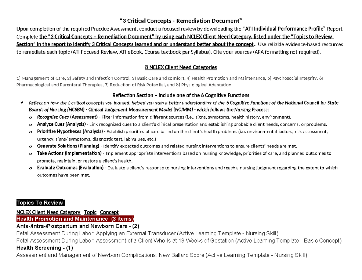 NCLEX Client Need Categories: Critical Concepts Remediation Guide - Studocu