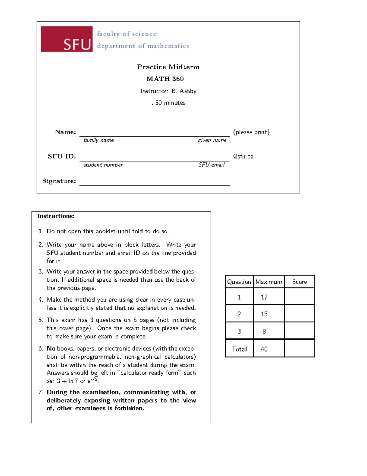 MATH 360 Practice Midterm 1 Solutions and Instructions - Studocu
