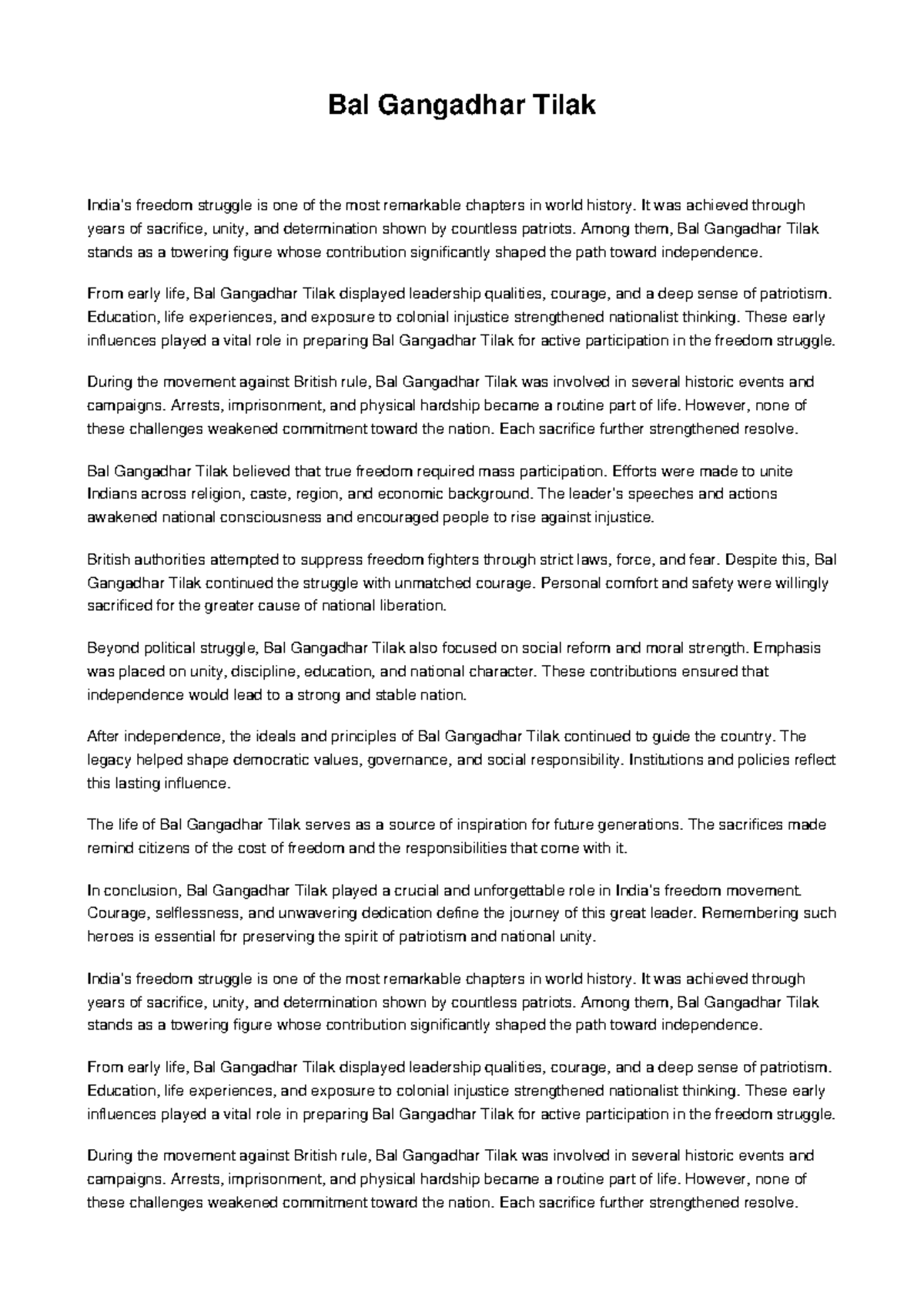 Bal Gangadhar Tilak: A Pillar of India's Freedom Struggle (5 6 Pages ...