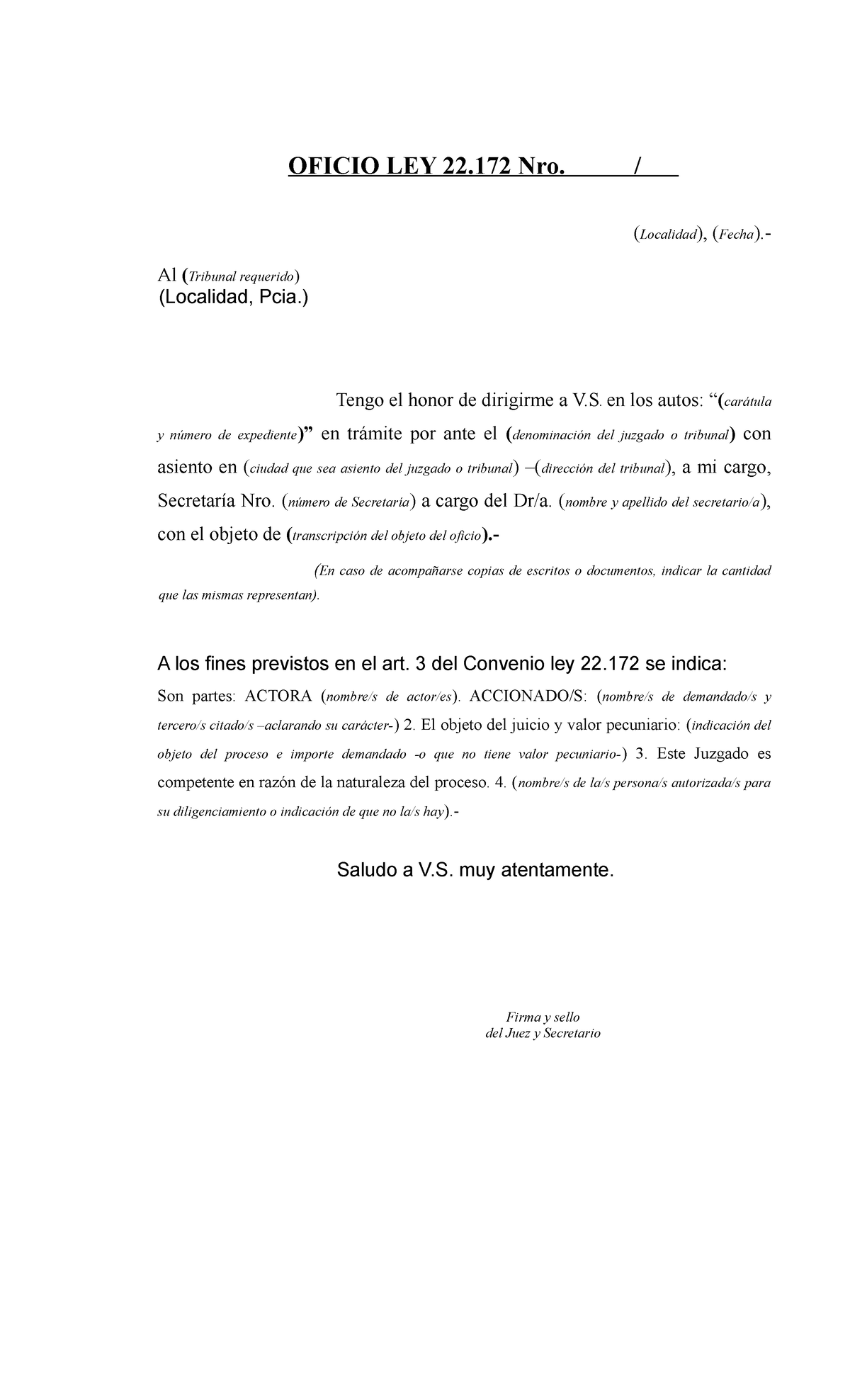 Modelo de Oficio Ley 22172 - Ejemplo y Estructura - Studocu
