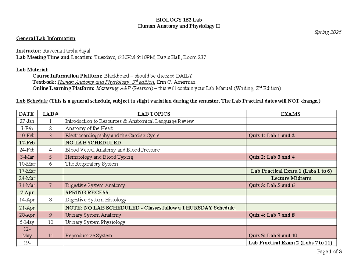 BIOLOGY 182 Lab Syllabus: Human Anatomy & Physiology II Spring 2026 ...