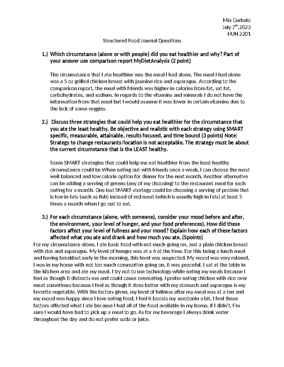 HUN 2201 Structured Food Journal Reflection and Strategies - Studocu