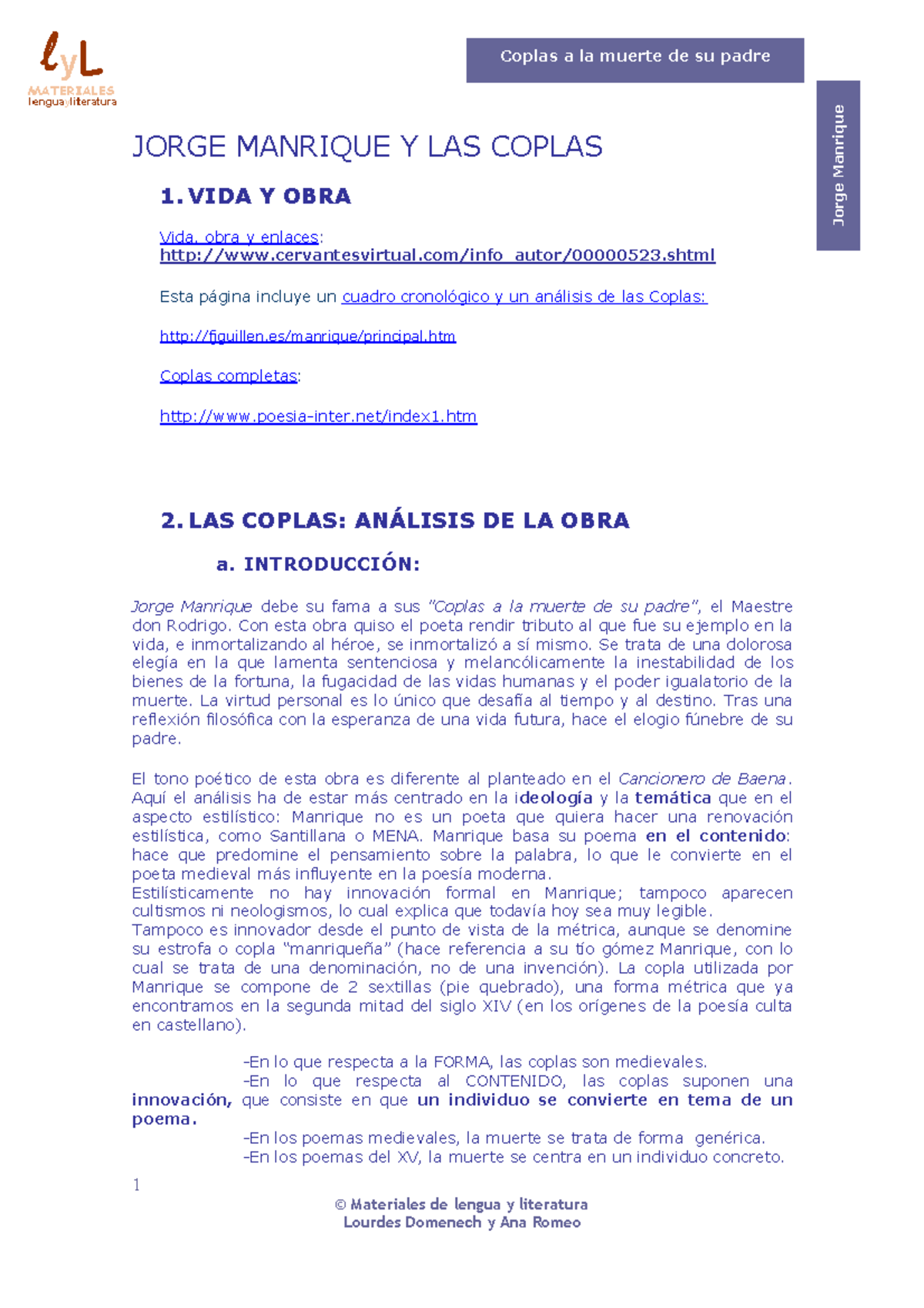 JORGE MANRIQUE: ANÁLISIS Y REFLEXIONES SOBRE LAS COPLAS A LA MUERTE DE ...