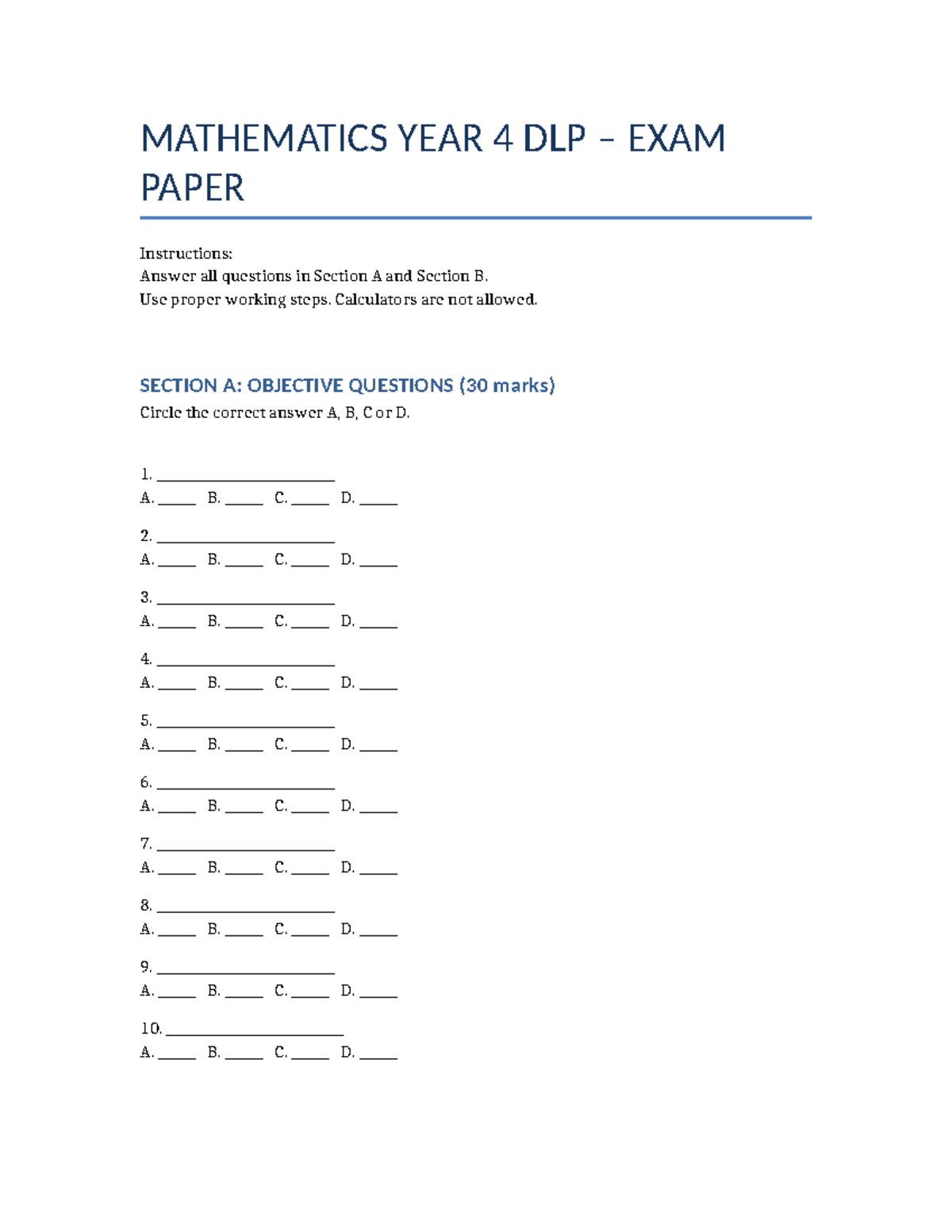 Math Year 4 DLP Final Exam Paper - Studocu