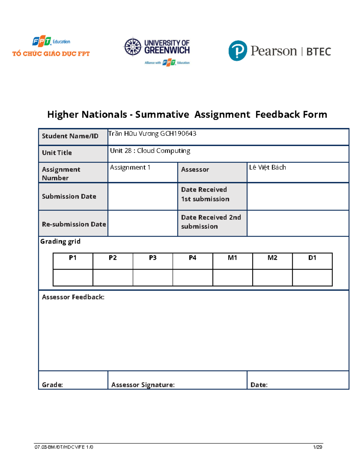 1111 - asm1 - 07-BM/ĐT/HDCV/FE 1/0 1 / 29 Higher Nationals - Summative Assignment Feedback Form ...