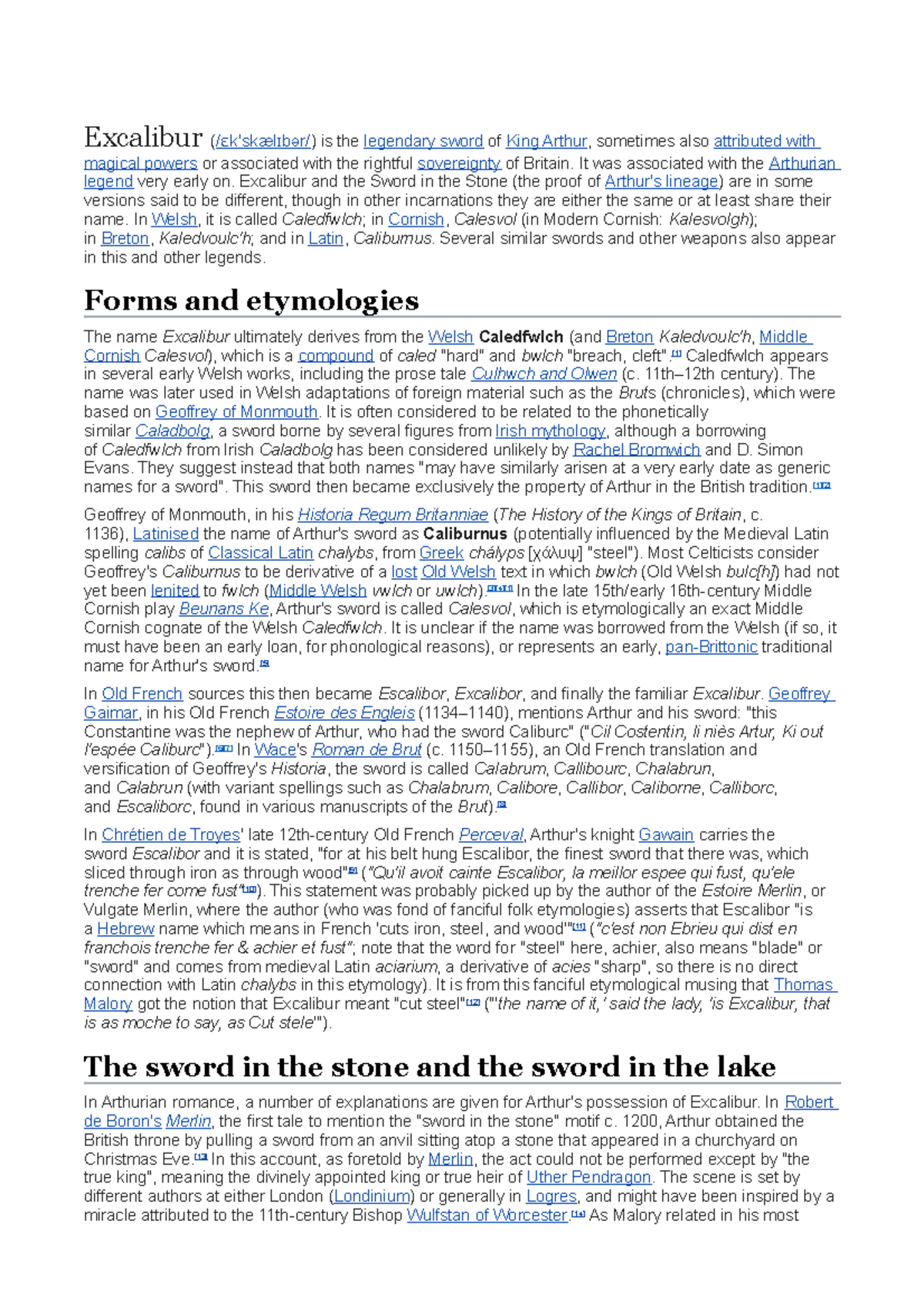 Excalibur Word - Summary works and contents - Excalibur (/ k skæl bər/ɛ ...