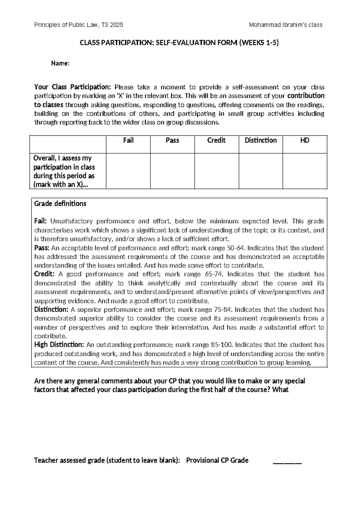 Class Participation Assessment: Principles of Public Law T3 2025 - Studocu