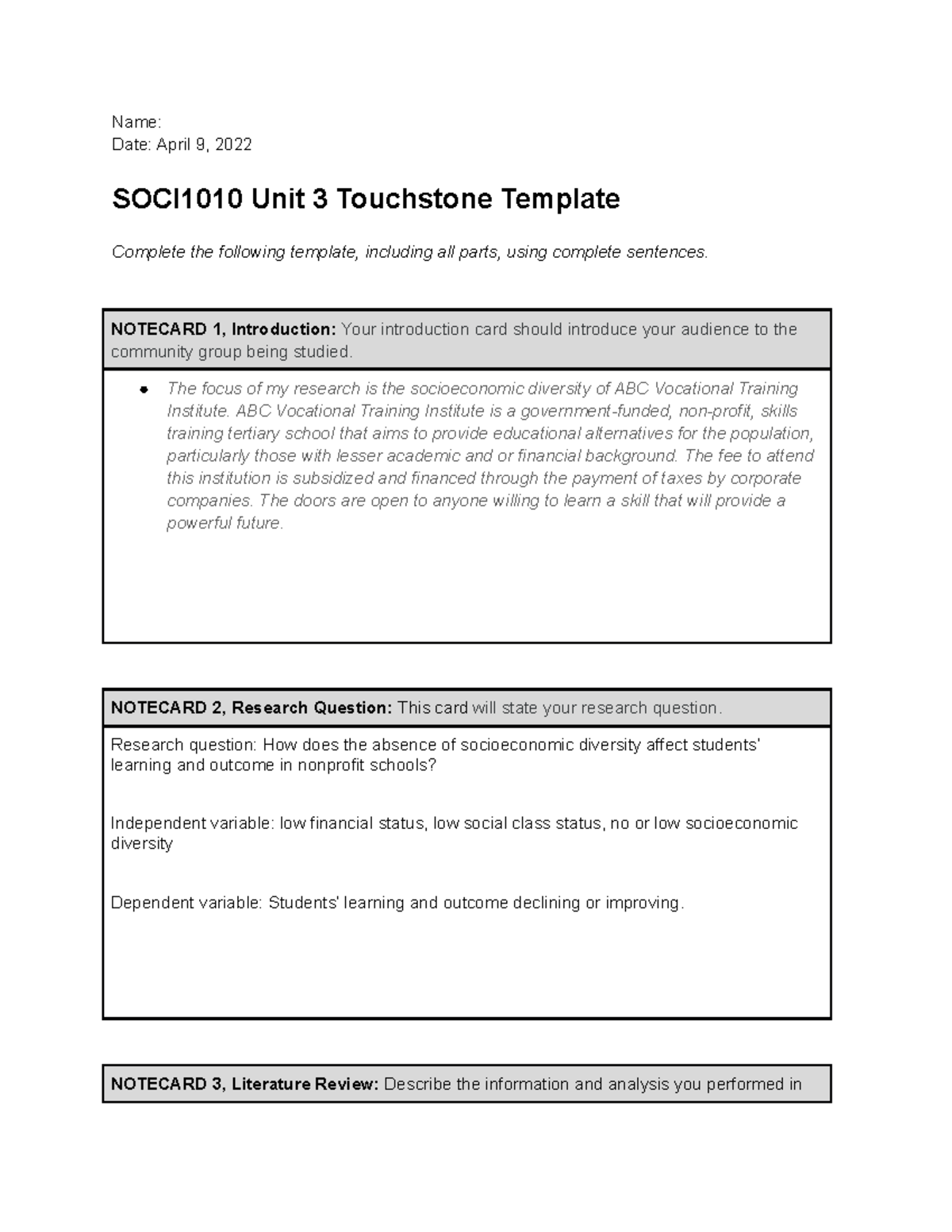 SOCI1010 Touchstone 3: Examining Socioeconomic Diversity in Education ...