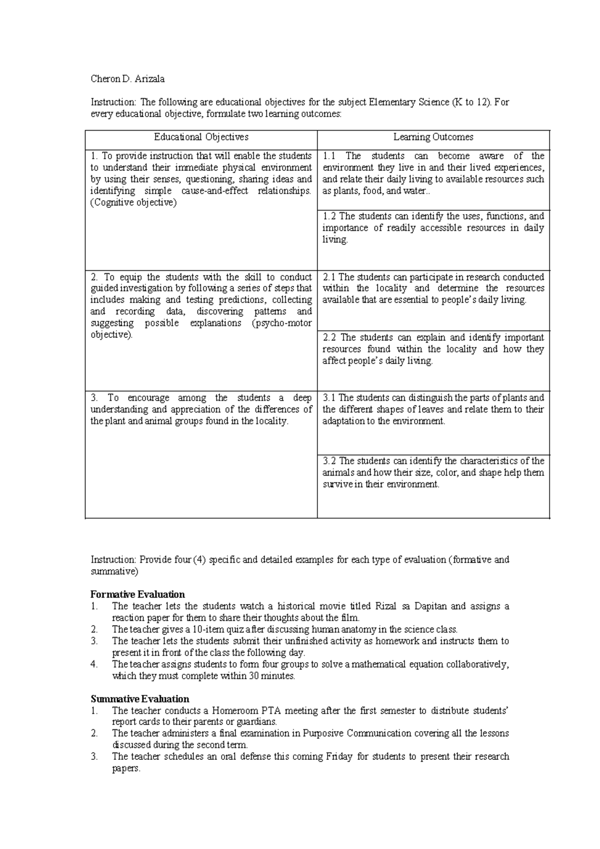 Performance Task 2: Educational Objectives & Learning Outcomes in Elem ...