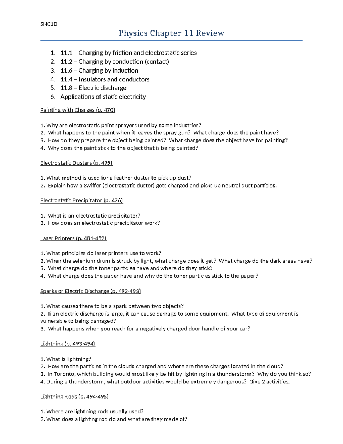 SNC1D Physics Chapter 11: Static Electricity Review Notes - Studocu