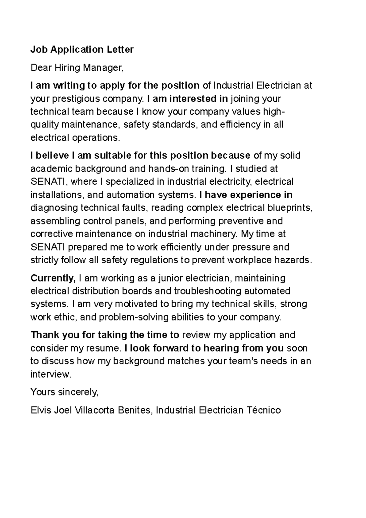 Industrial Electrician Job Application Letter - Studocu