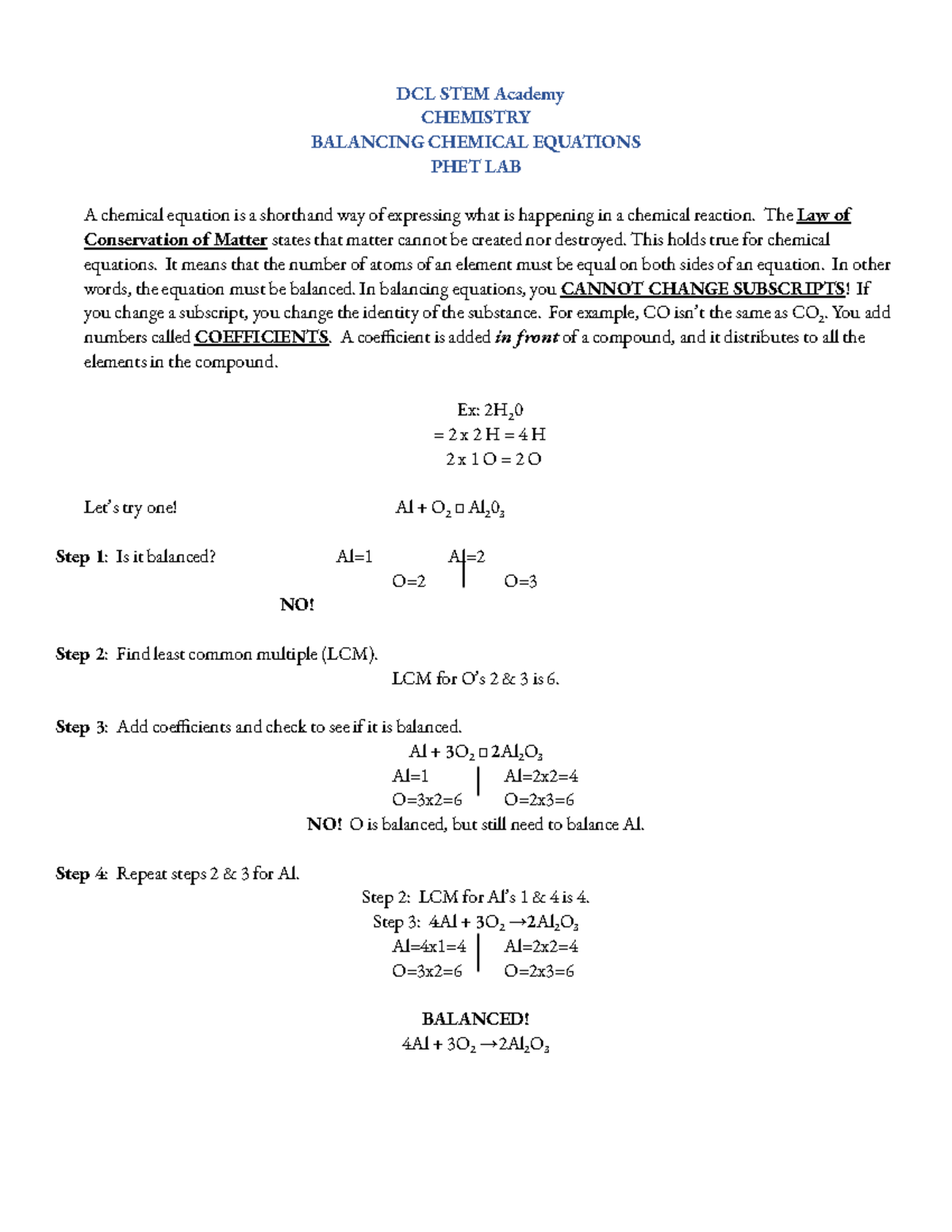 Balancing Chemical Equations: PhET Lab Guide - DCL STEM Academy - Studocu