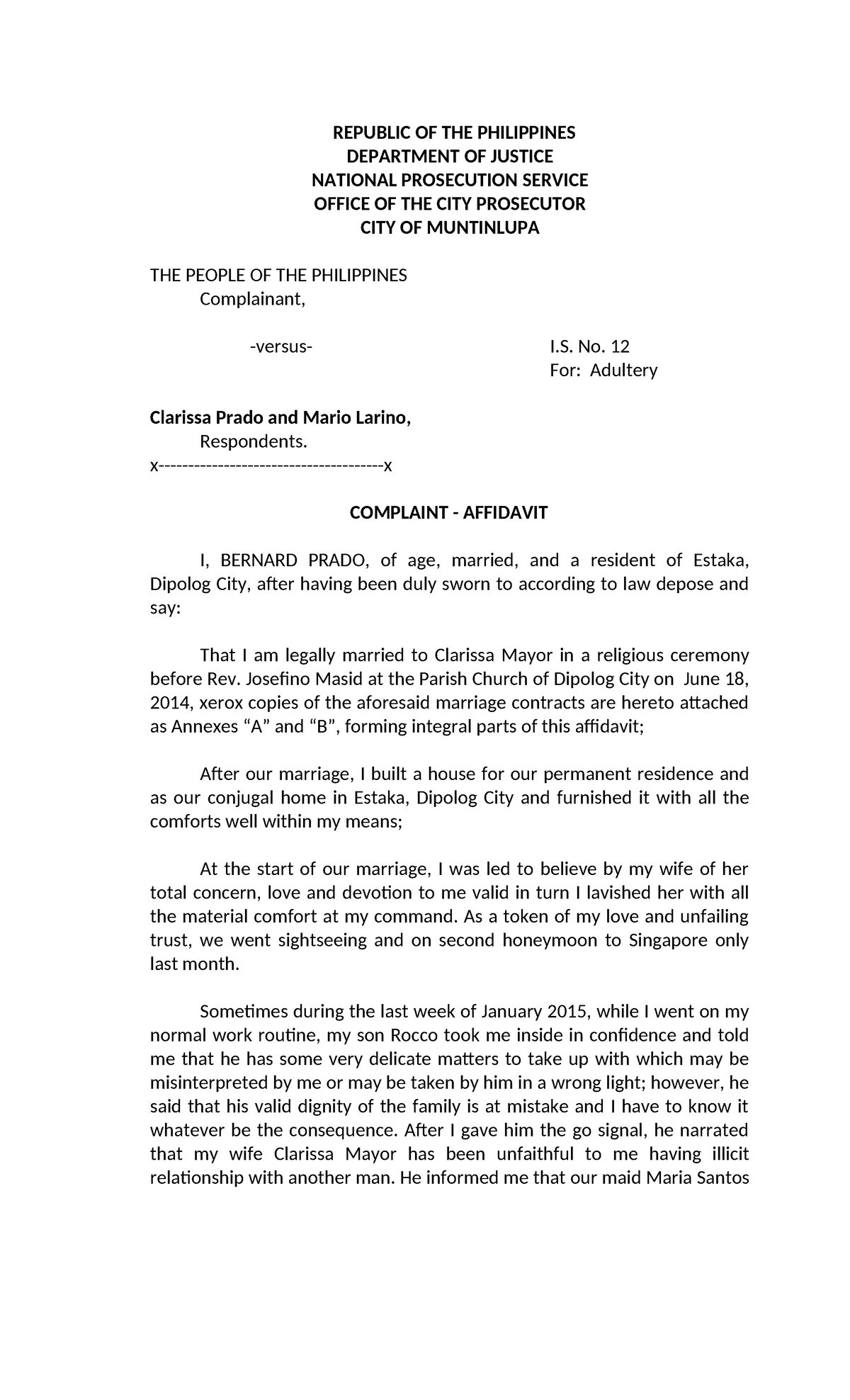 I.S. No. 12 Criminal Complaint Affidavit: Adultery Case Study - Studocu