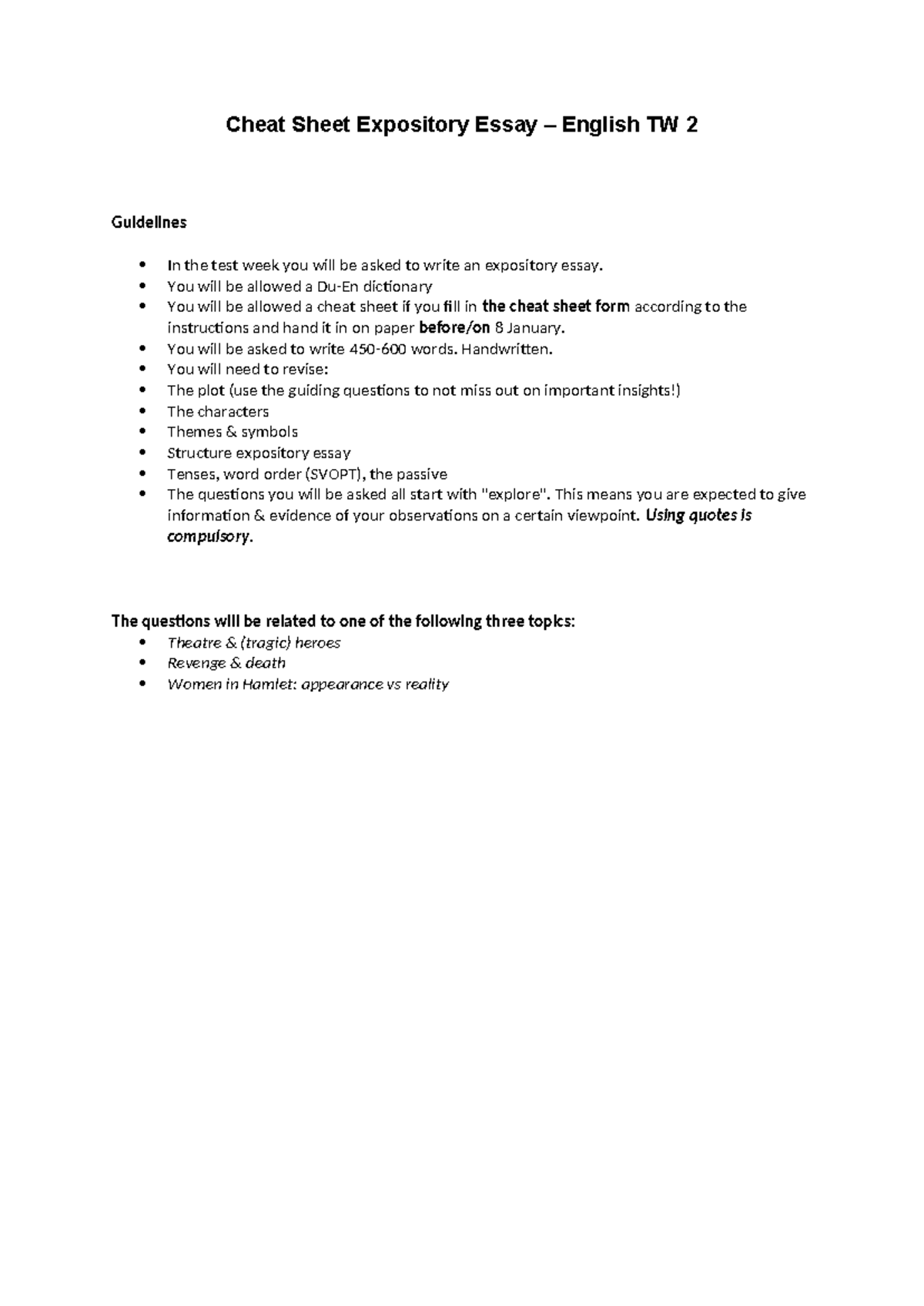 Expository Essay Cheat Sheet – English TW 2 Guidelines - Studeersnel