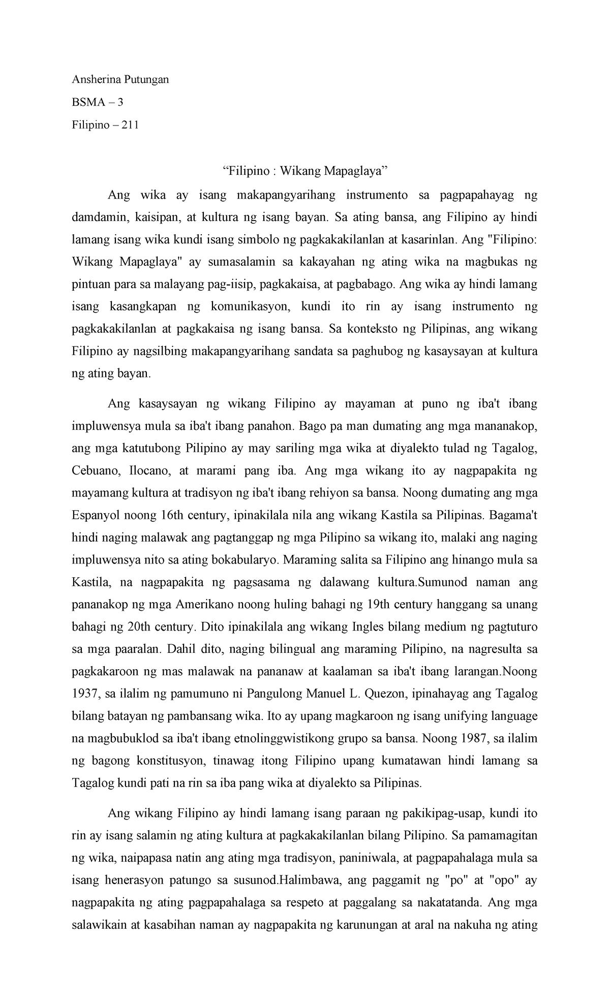 sanaysay fil 211 - Ansherina Putungan BSMA – 3 Filipino – 211 “Filipino ...