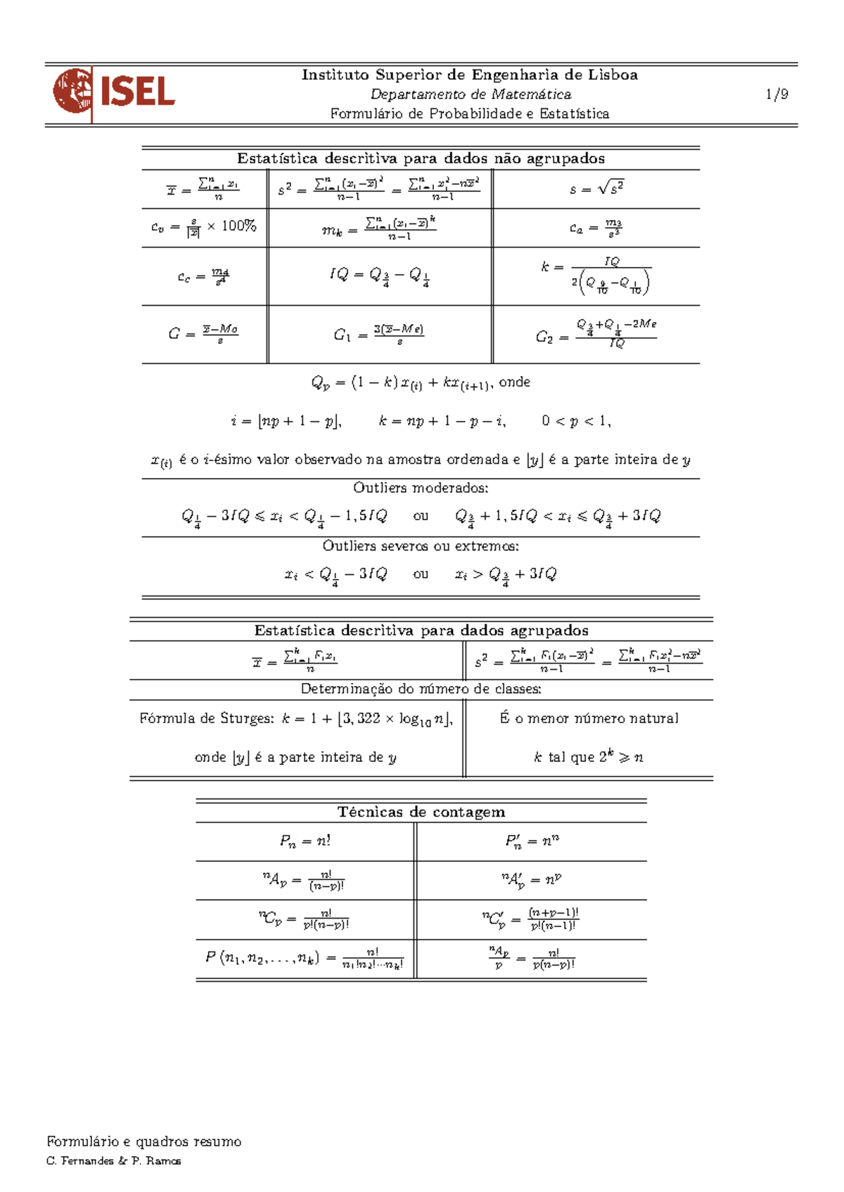 Formulário de Probabilidade e Estatística - PE - Resumo e Quadros - Studocu