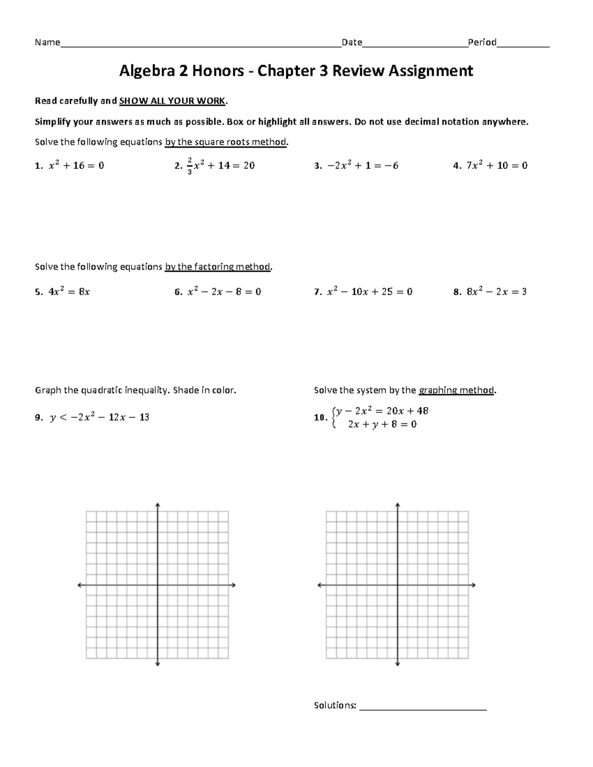 Algebra 2 Honors: Chapter 3 Review Assignment Solutions - Studocu
