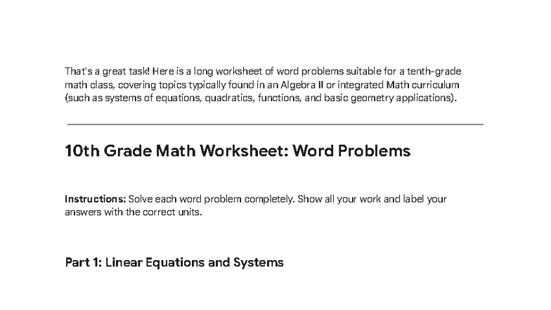 Algebra II Word Problems Worksheet: 10th Grade Math Tasks - Studocu