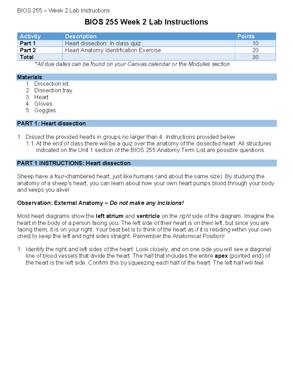 BIOS 255 Week 2 Lab: Heart Dissection & Anatomy Quiz Instructions - Studocu