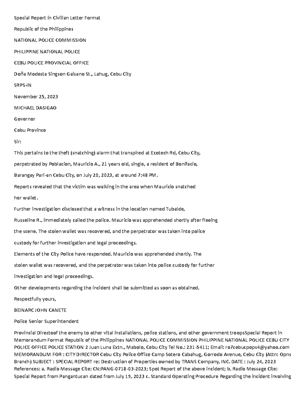 Special Report in Civilian Letter Format SRPS-IN, Nov 25, 2023 - Studocu