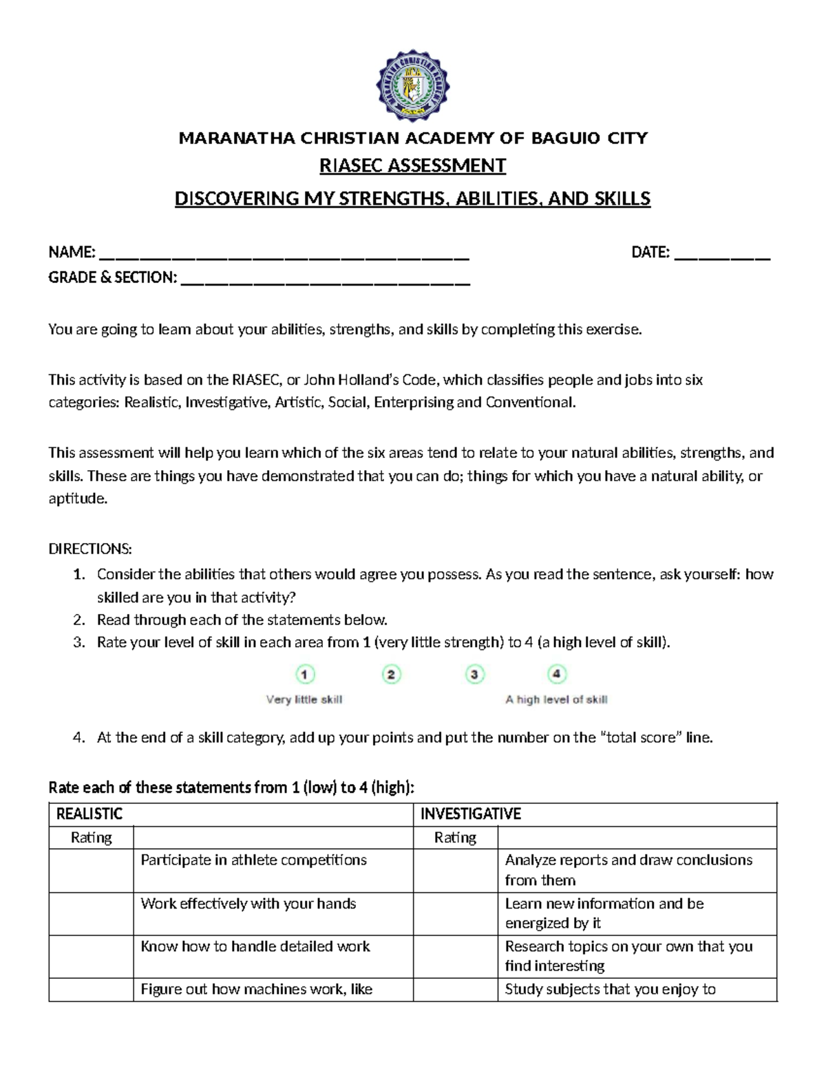 RIASEC Assessment: Discovering Strengths & Skills at MCA Baguio City ...
