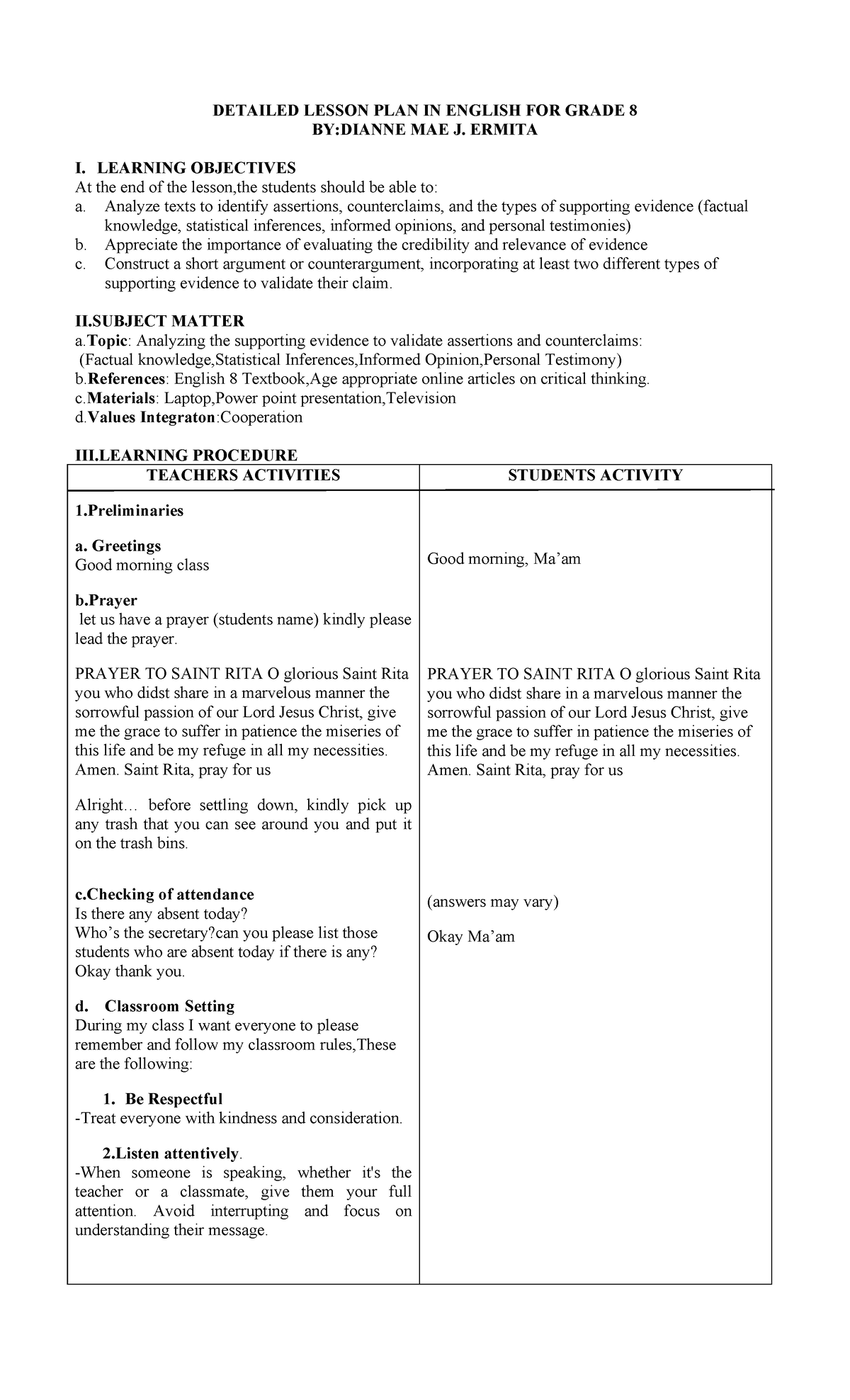 Detailed Lesson Plan: Analyzing Assertions & Counterclaims (Eng 8) - Studocu