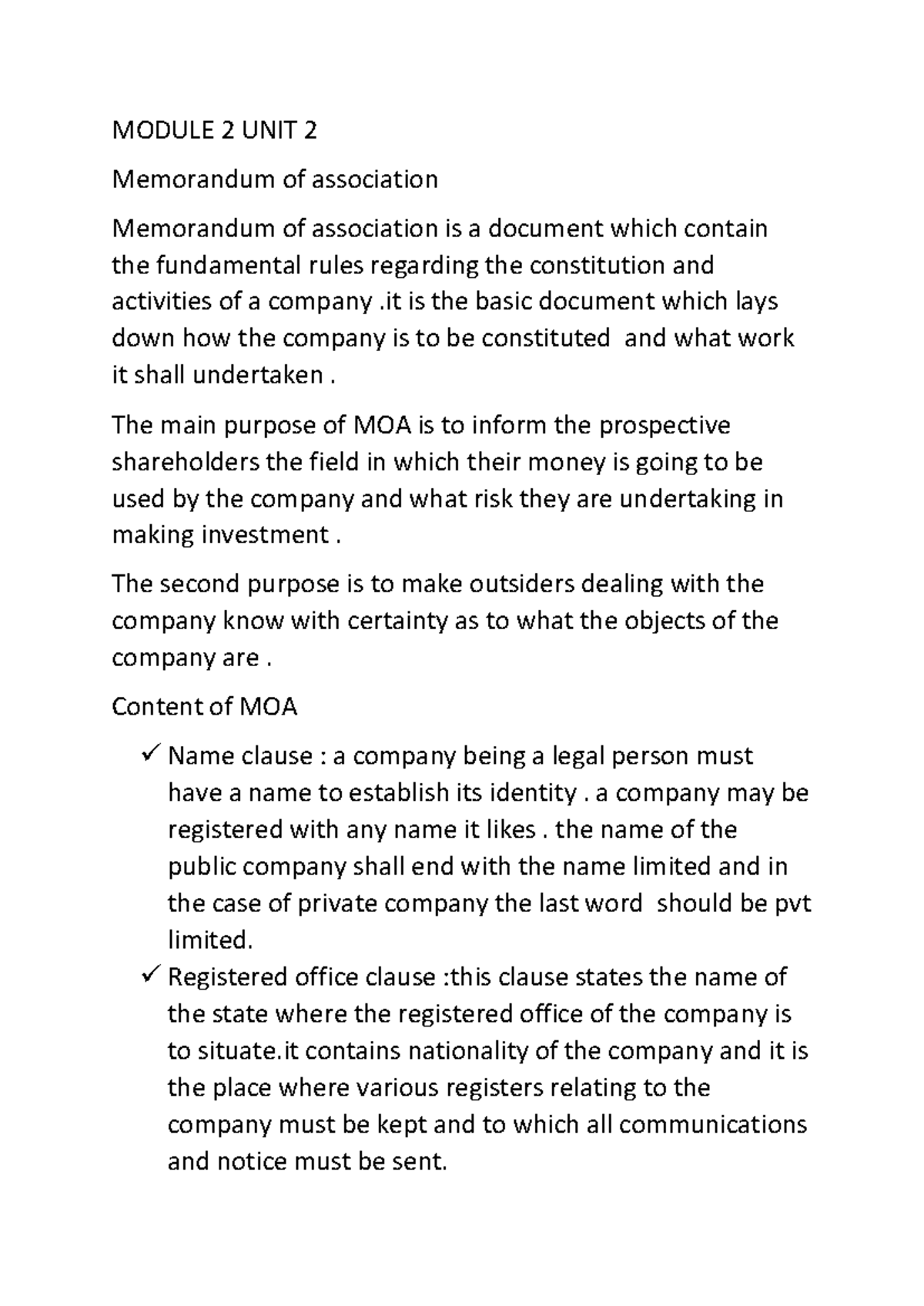 Module 2, Unit 2: Understanding the Memorandum of Association - Studocu