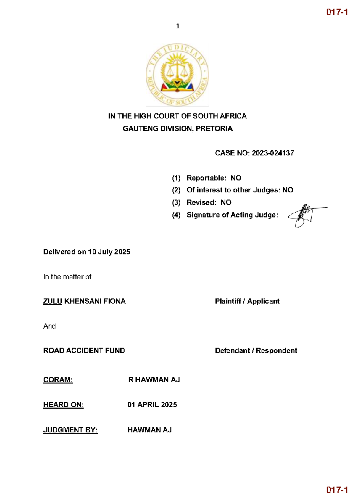 Case No: 1 - Judgment on Default Application: Zulu Khensani Fiona vs ...