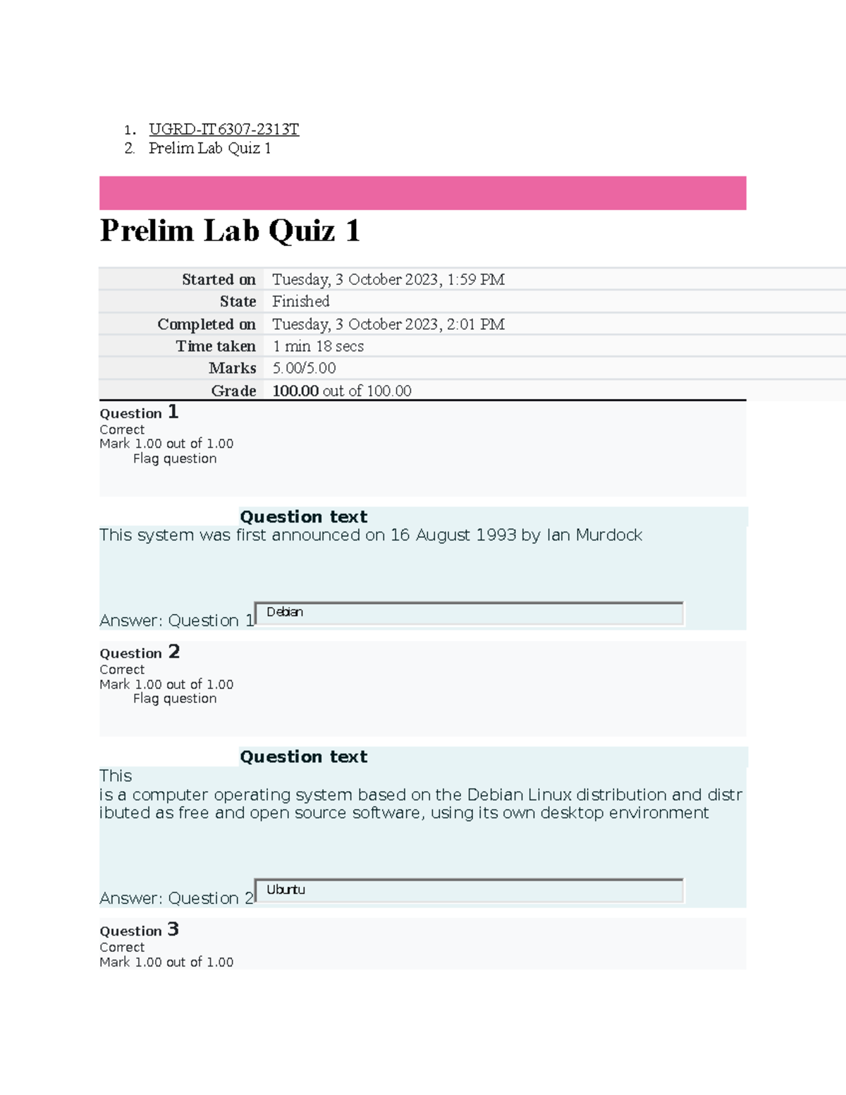 UGRD-IT6307 System Admin & Maintenance Prelim Lab Quiz 1 Results - Studocu