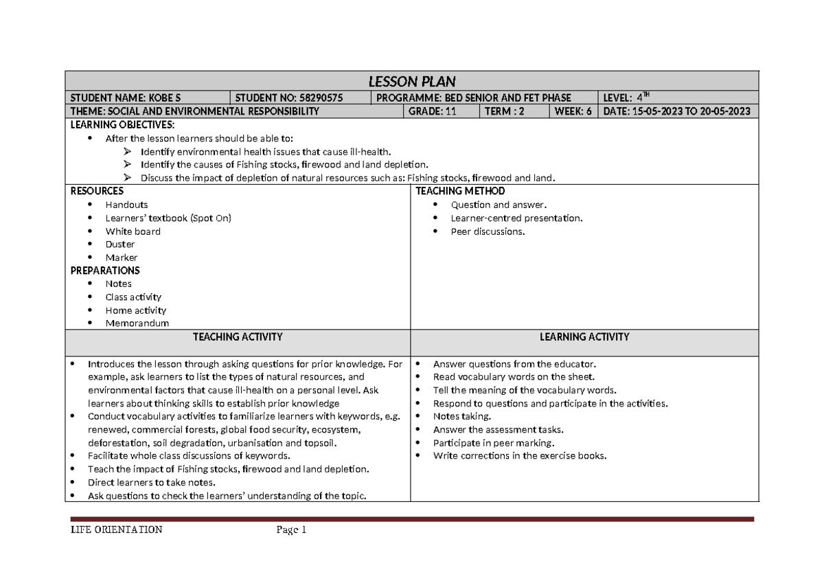 LO Lesson Plan: Grade 11 Social & Environmental Responsibility - Studocu