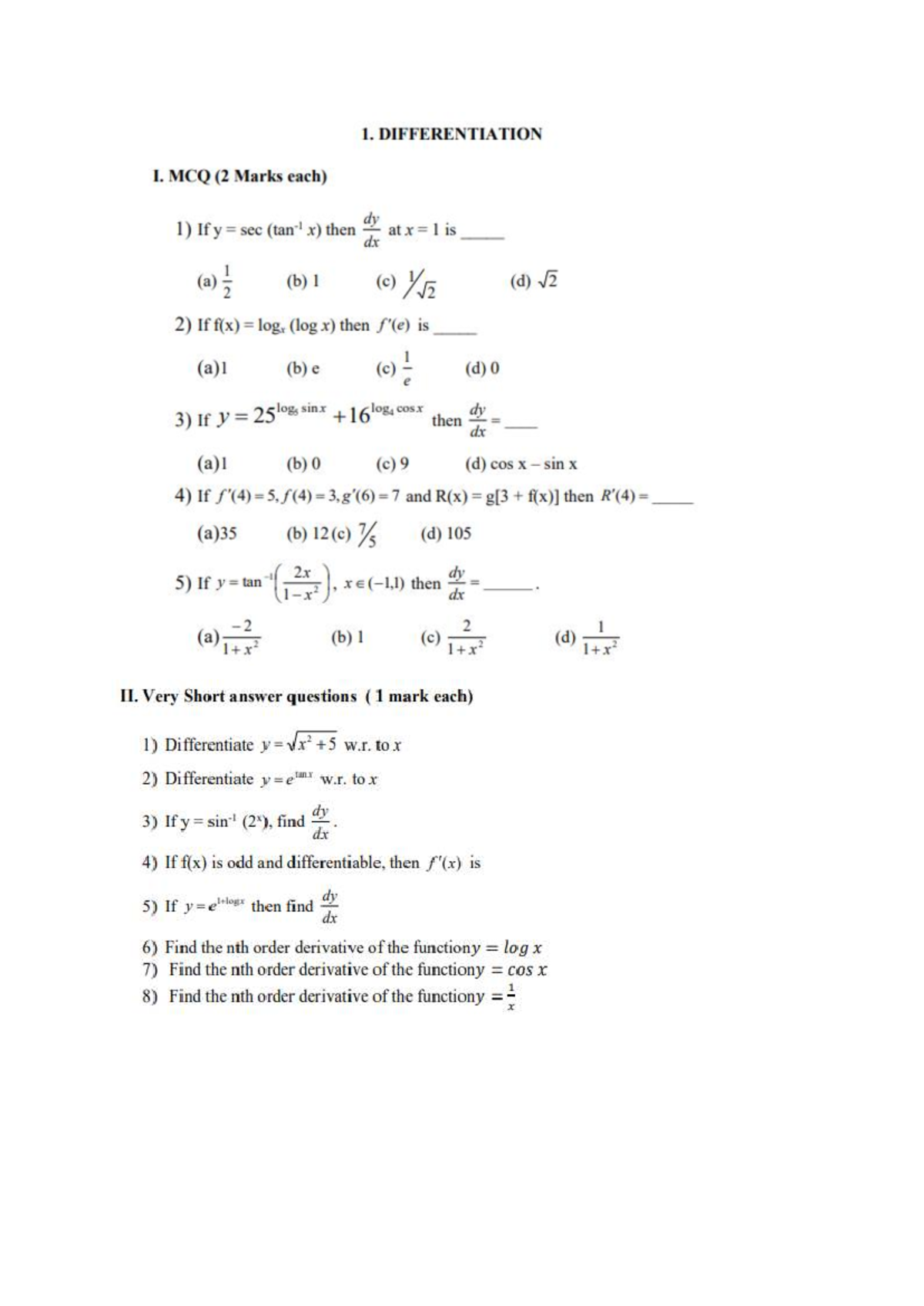 Differentiation & Applications of Derivatives: MCQs & Answers (MATH 2 ...
