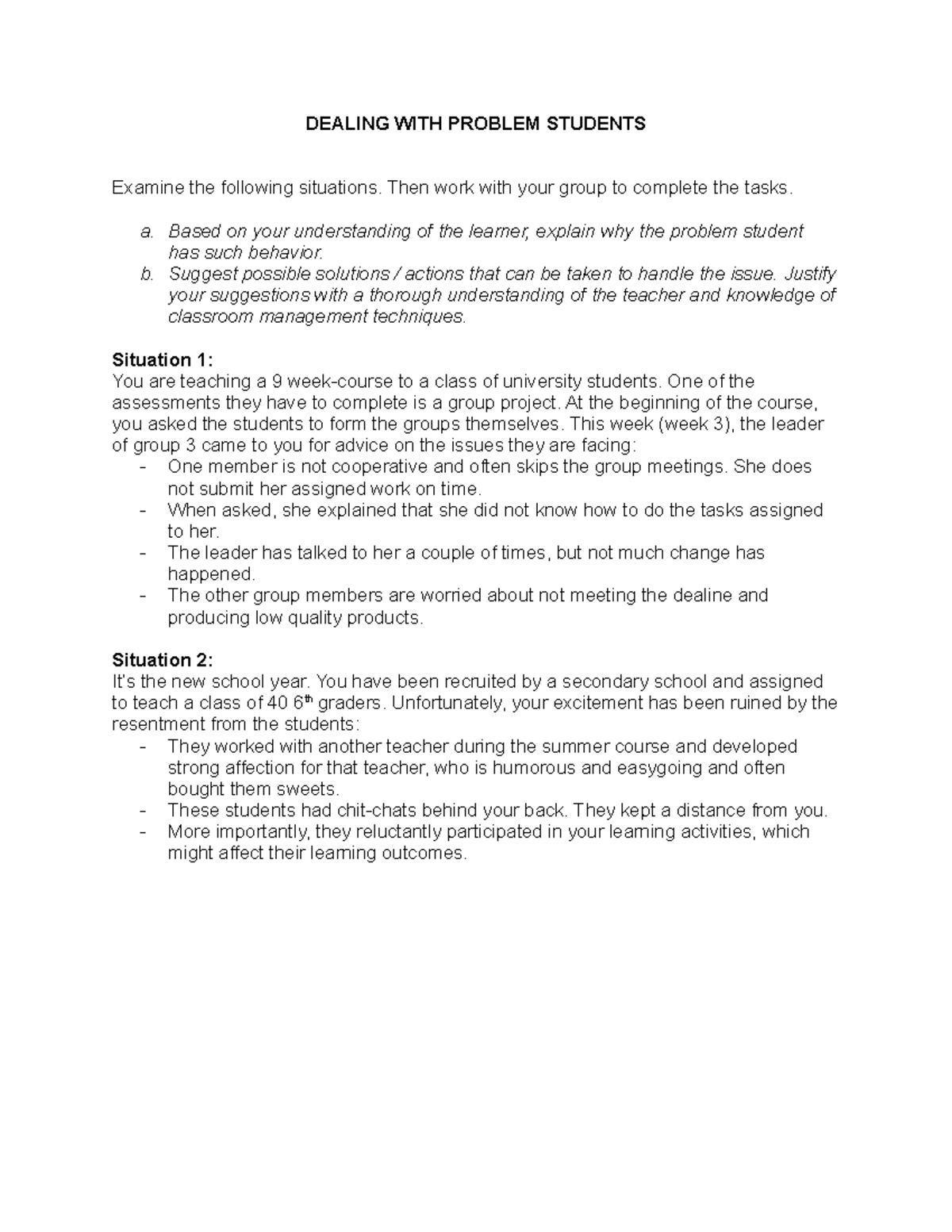 Worksheet - Strategies for Addressing Problem Students - Studocu