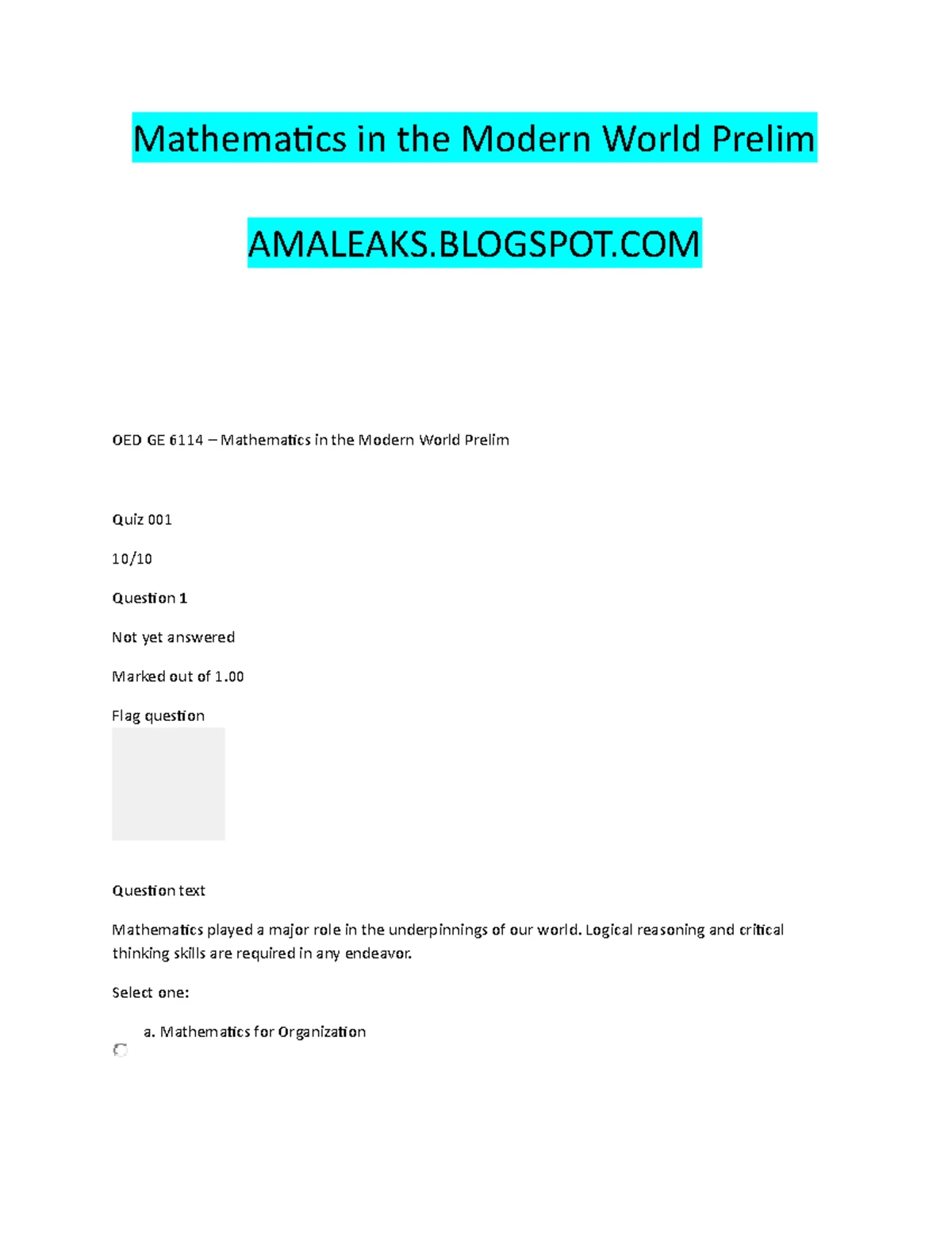 Mathematics in the Modern World (Final Exam) - FINAL EXAM MATH BY ...